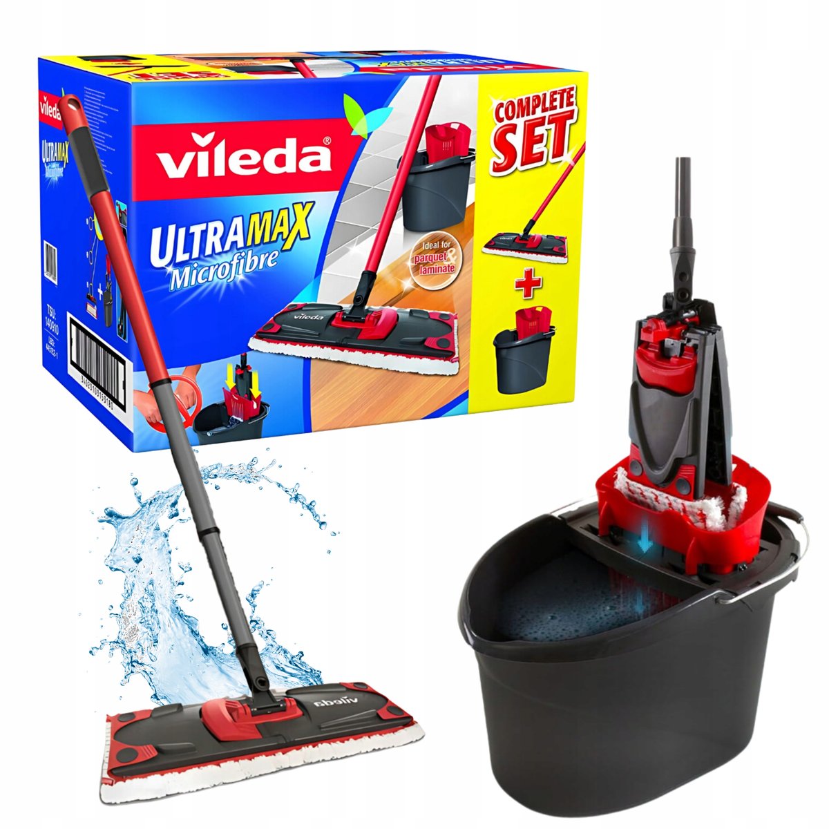 Vileda Mop Płaski 36 cm z Wiadrem UltraMax – Bezdotykowe Wyciskanie HIT ...