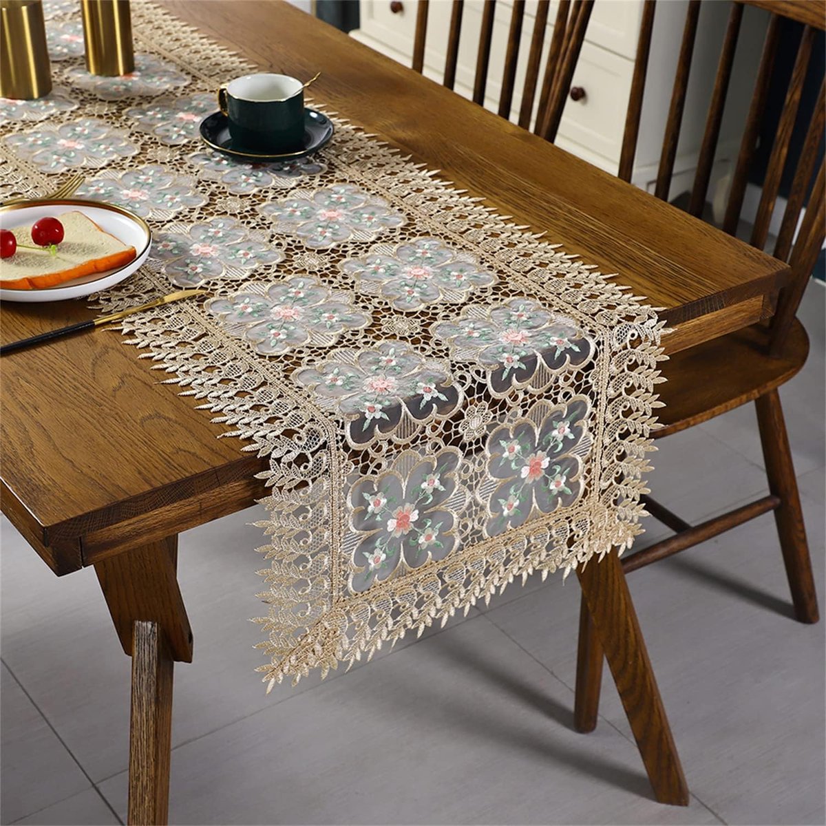 Vintage Gold Red Lace Table Runner Dresser Scarves Embroidered Floral ...