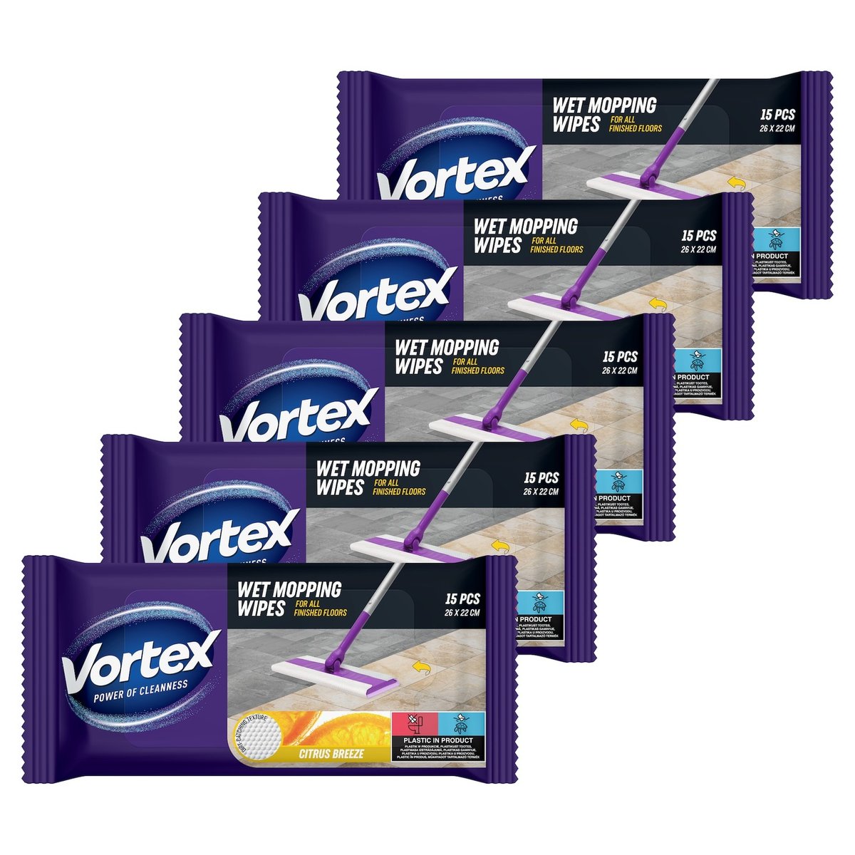 VORTEX Set Wet Mopping Wipes with a citrus breeze scent 15 pcs x 5 ...
