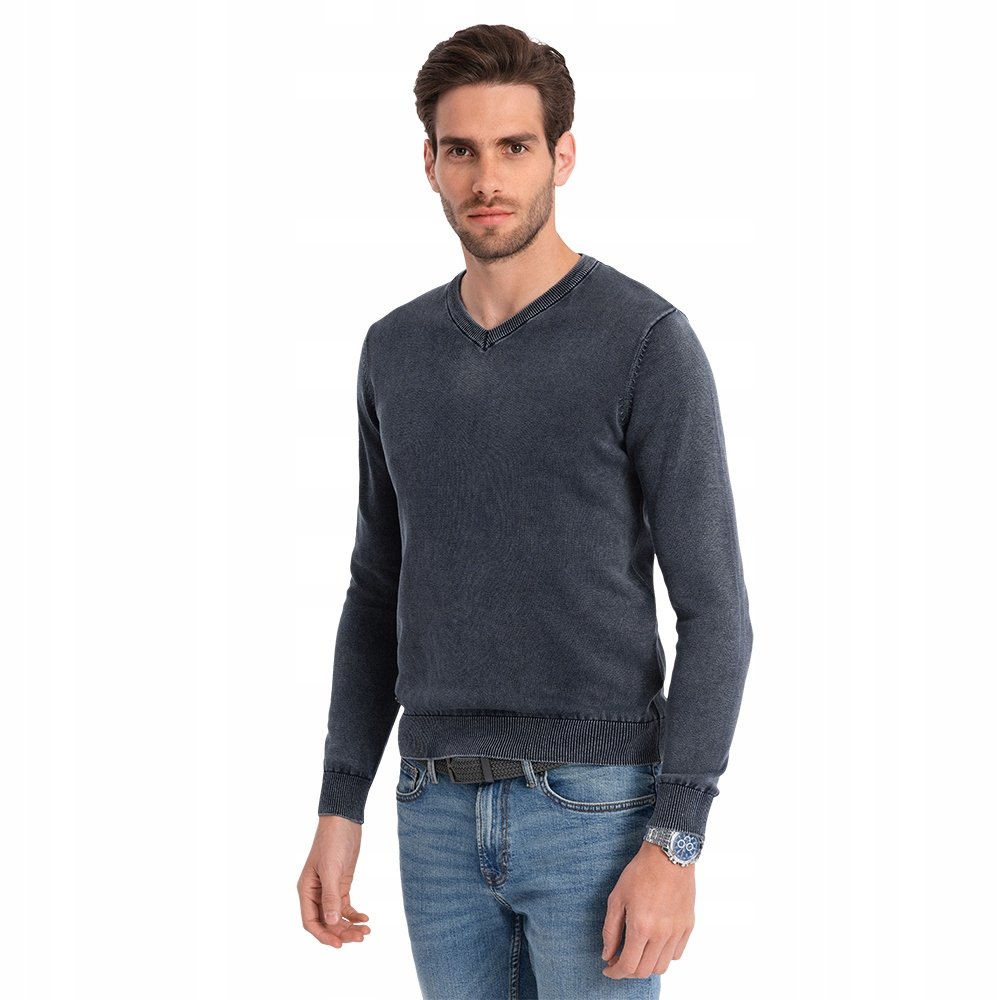 Washowany sweter męski z dekoltem w serek granatowy V2 OM-SWOS-0108 L ...
