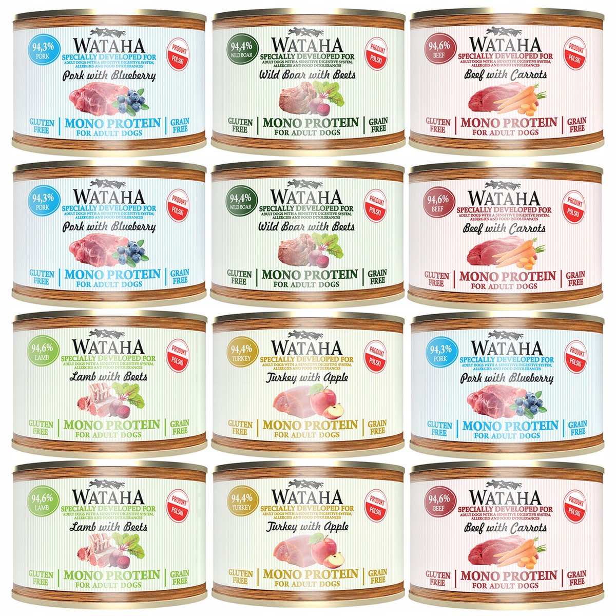 WATAHA Mono Protein Adult karma mokra dla psa mix smaków 12 x 185g ...