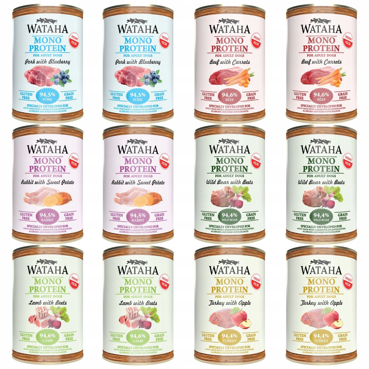 WATAHA Mono Protein Adult karma mokra dla psa Mix smaków 12 x 400g ...