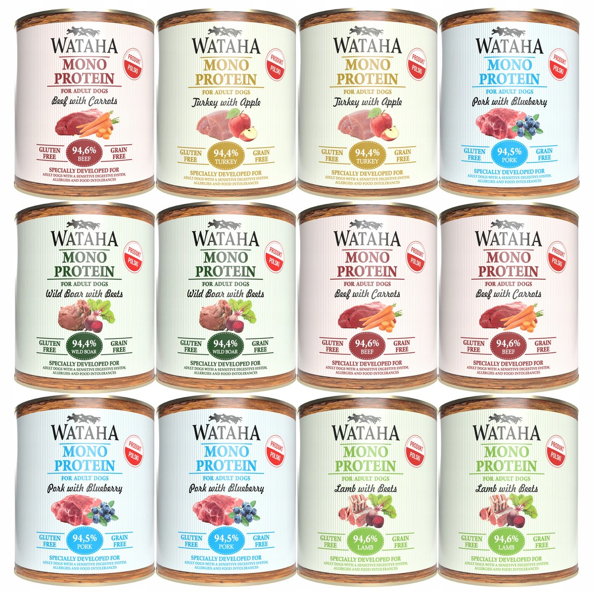 WATAHA Mono Protein Adult karma mokra dla psa Mix Smaków 12 x 800g ...