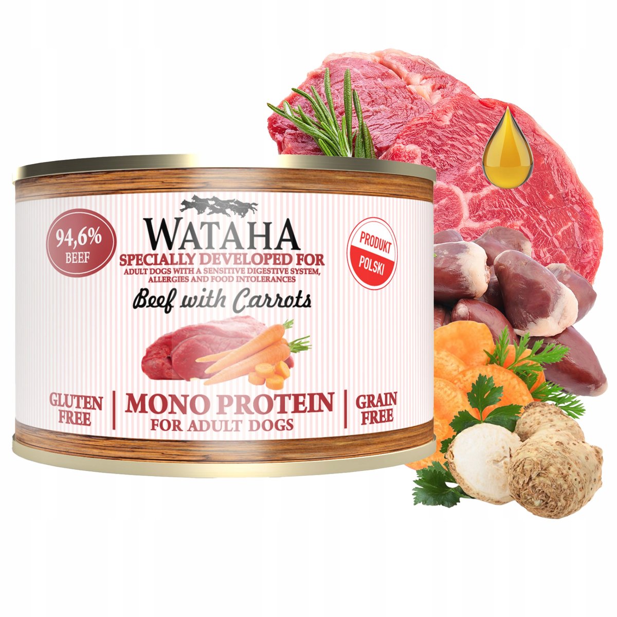 WATAHA Mono Protein Adult karma mokra dla psa Wołowina z Marchewką 185g ...
