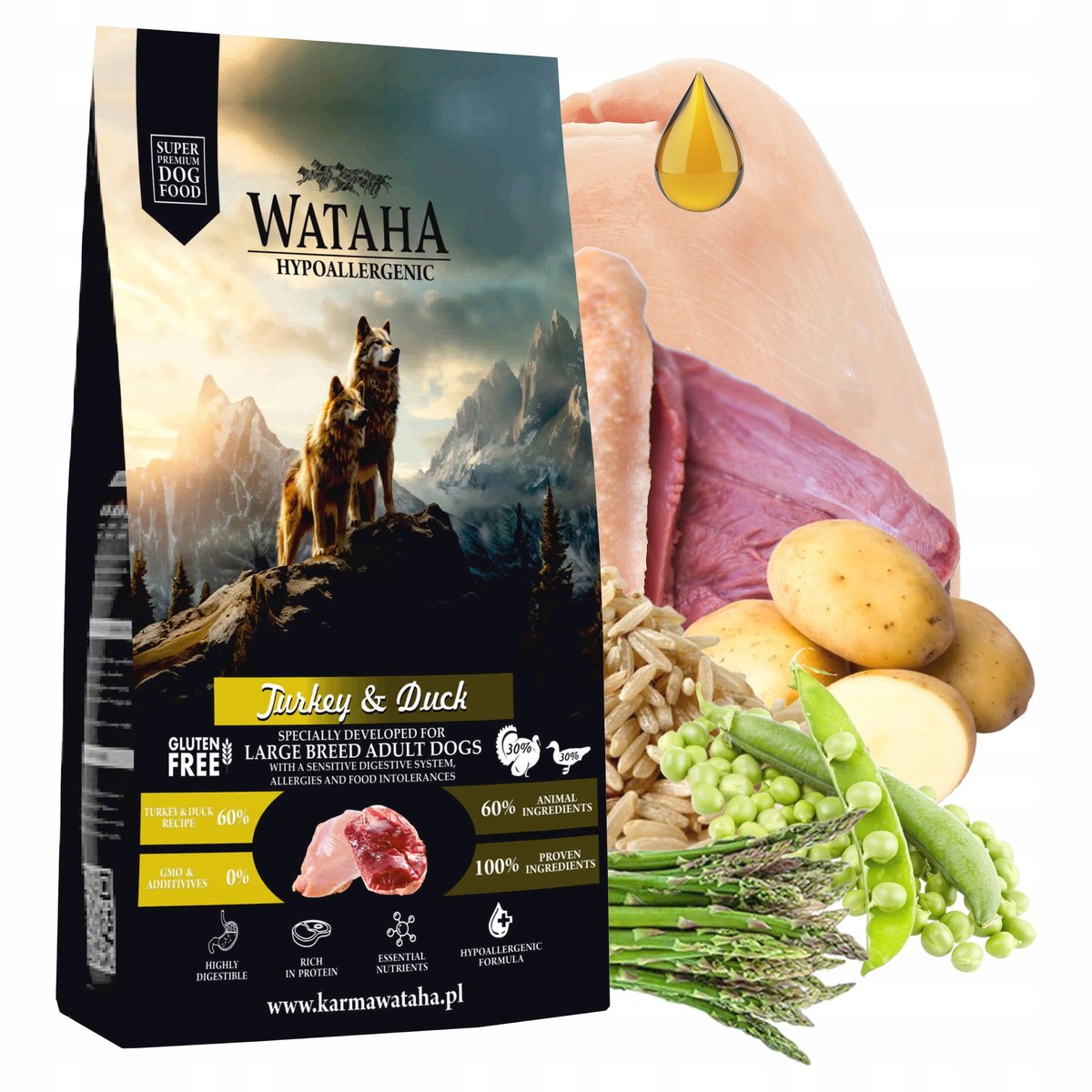 WATAHA Rasy Olbrzymie Sucha karma dla psa Indyk Kaczka z Ryżem 6 kg ...