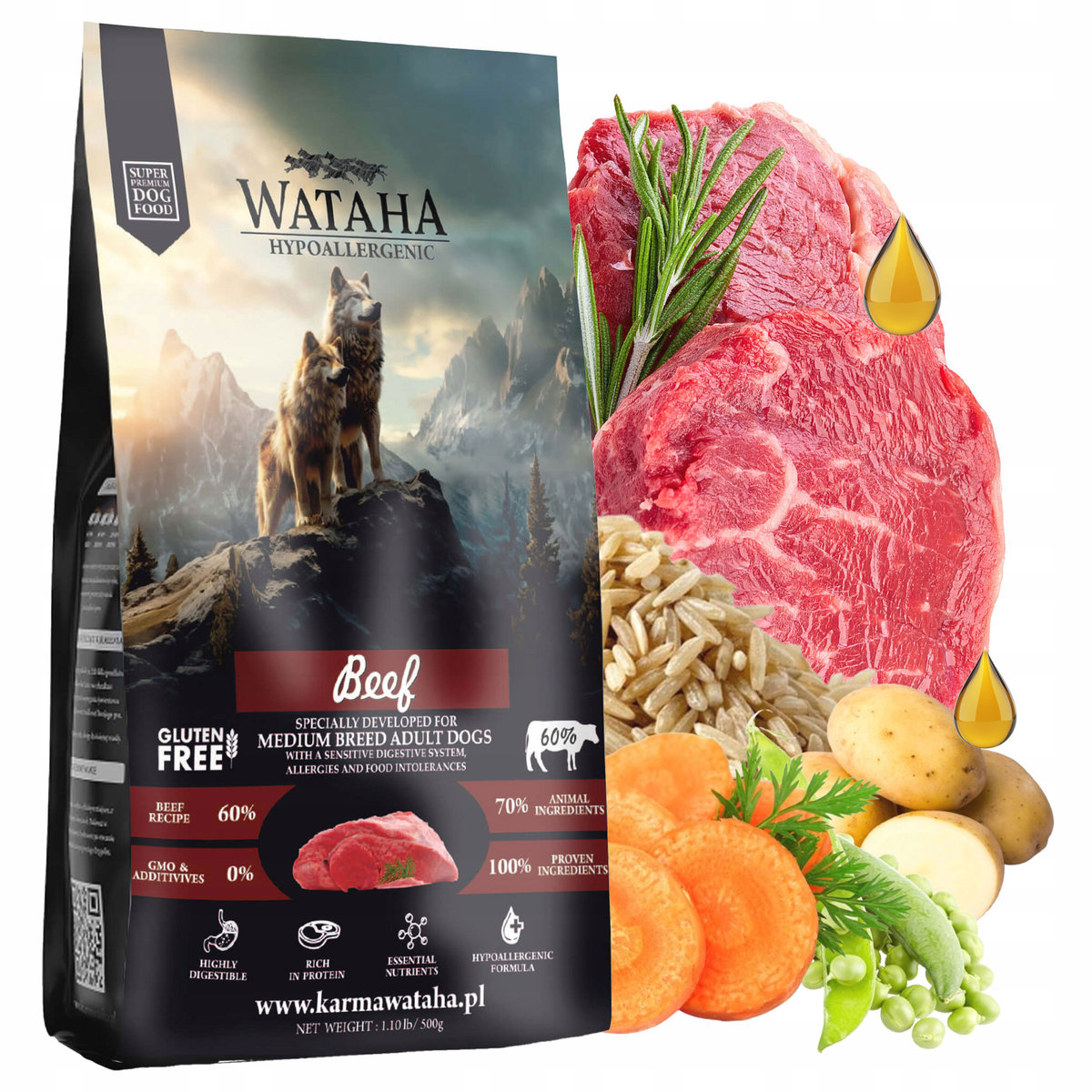WATAHA Średnie i duże rasy sucha karma dla psa Wołowina z Ryżem 6 kg ...