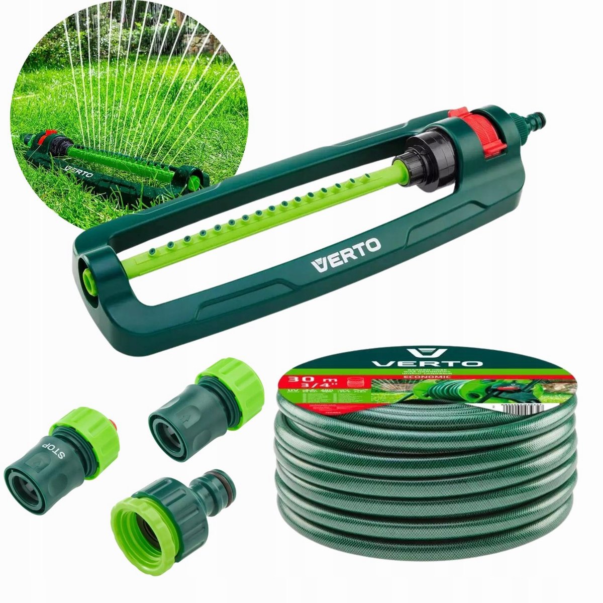 WĄŻ OGRODOWY 30m 3/4 + ZŁĄCZKI +ZRASZACZ 16 DYSZY - Verto | Sklep EMPIK.COM