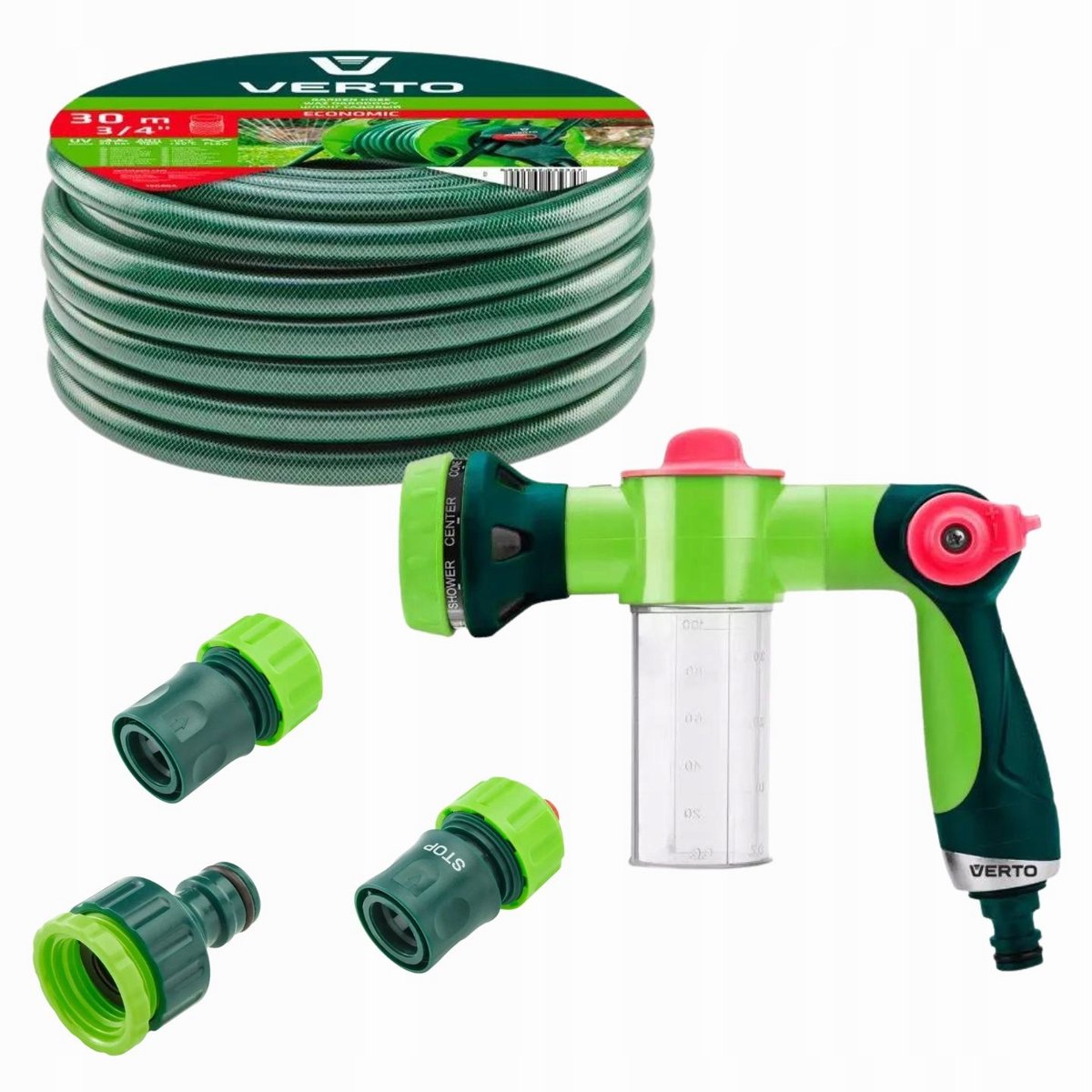 WĄŻ OGRODOWY 30m 3/4 + ZŁĄCZKI +ZRASZACZ PISTOLET - Verto | Sklep EMPIK.COM