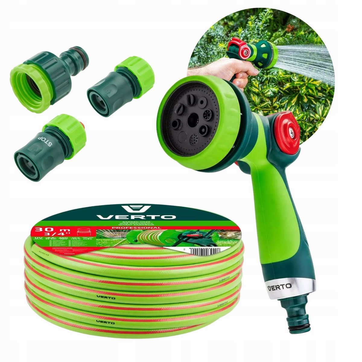 WĄŻ OGRODOWY 30m 3/4 + ZŁĄCZKI +ZRASZACZ PISTOLET - Verto | Sklep EMPIK.COM