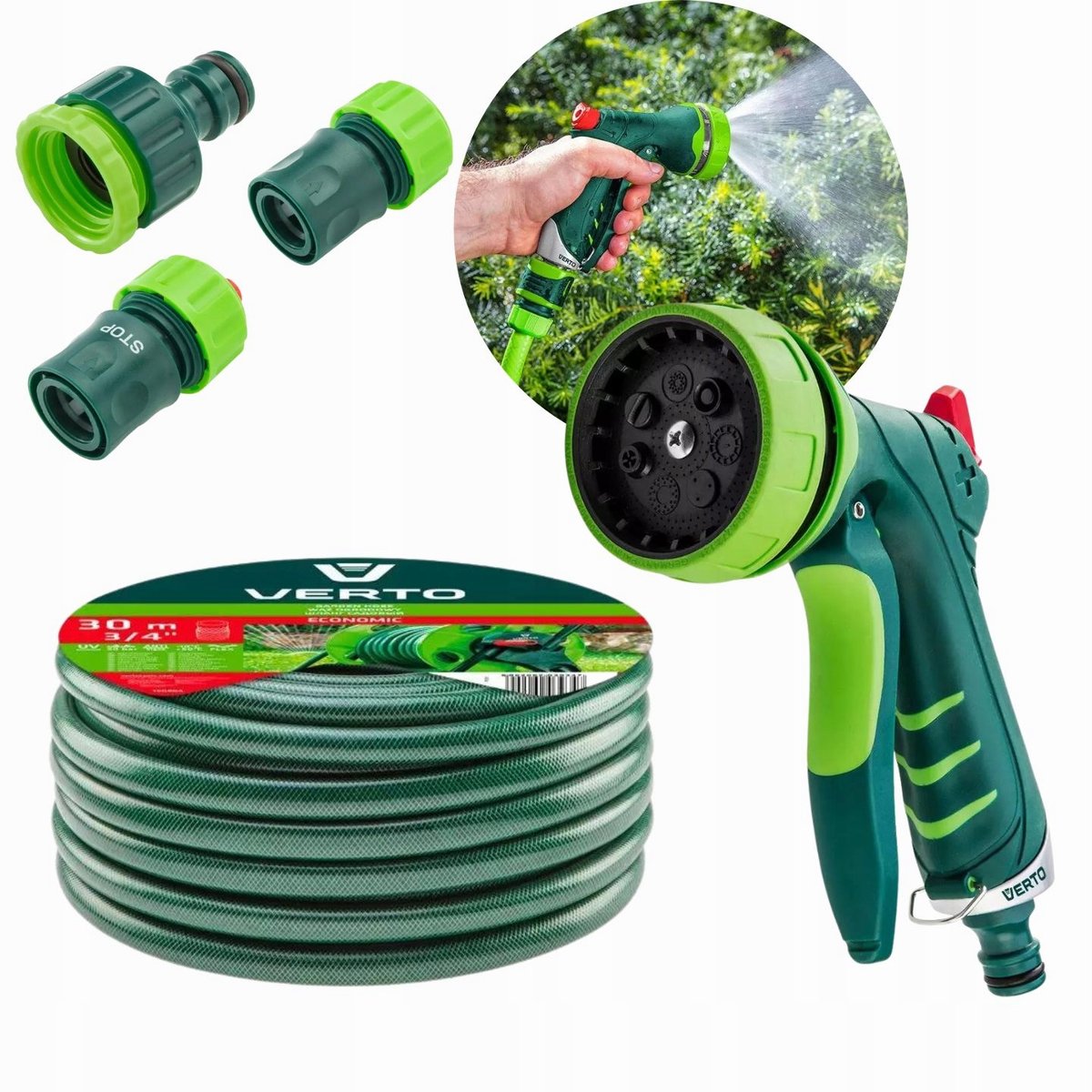 WĄŻ OGRODOWY 30m 3/4 + ZŁĄCZKI +ZRASZACZ PISTOLET - Verto | Sklep EMPIK.COM