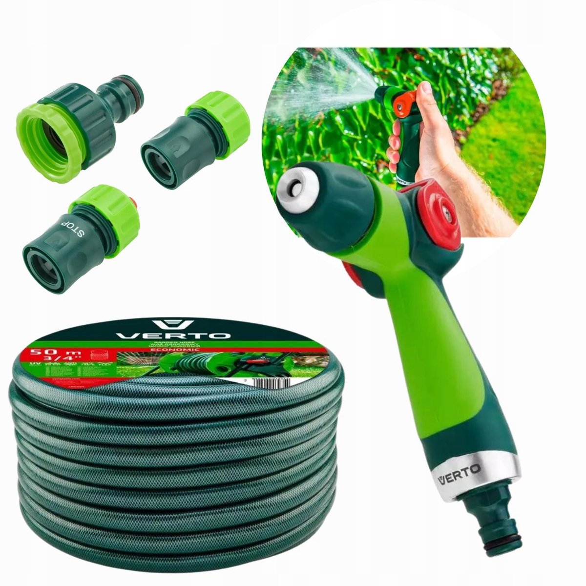 WĄŻ OGRODOWY 50m 3/4 + ZŁĄCZKI +ZRASZACZ PISTOLET - Verto | Sklep EMPIK.COM