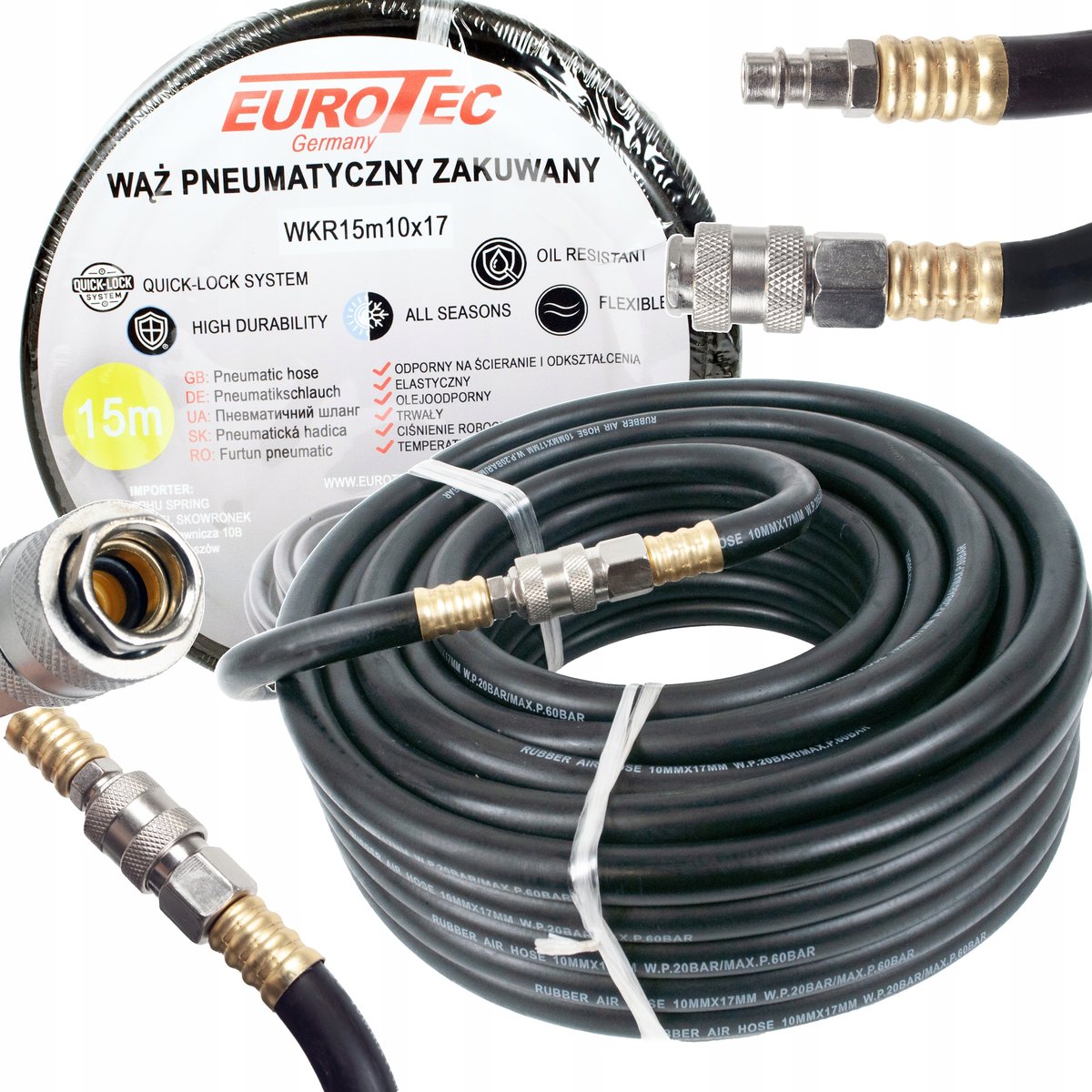 WĄŻ PRZEWÓD GUMOWY PNEUMATYCZNY 15M 10x17mm ZAKUWANY DO KOMPRESORA ...