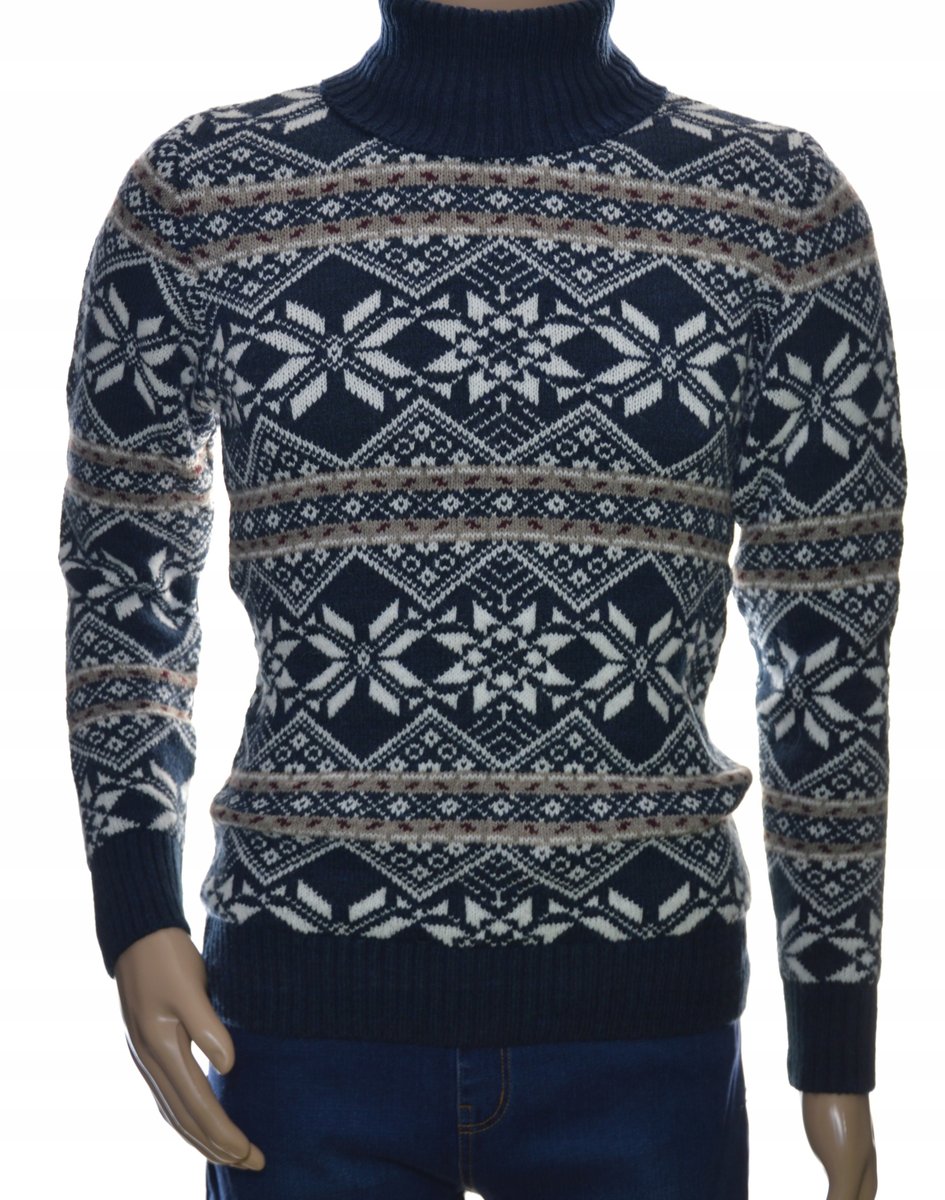 Wełniany sweter męski z golfem ciepły golf z wełny ze wzorem norweskim ...