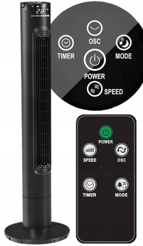 Wentylator Kolumnowy Wiatrak Podłogowy PILOT 3 Tryby Timer Stojący LED ...
