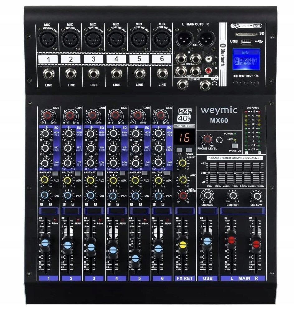 WEYMIC MX-60 Profesjonalny Mixer 6 Kanałów Efektor DSP USB XLR 48V ...