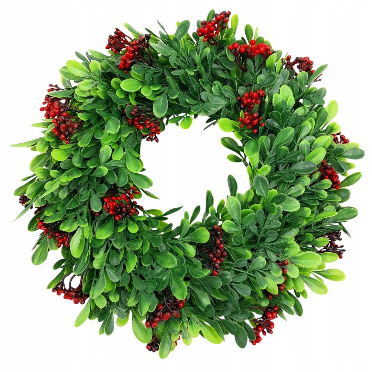 Wianek na drzwi stroik wieniec dekoracja na drzwi zielony z czerwonymi kwiatami 30 cm bukszpan ...