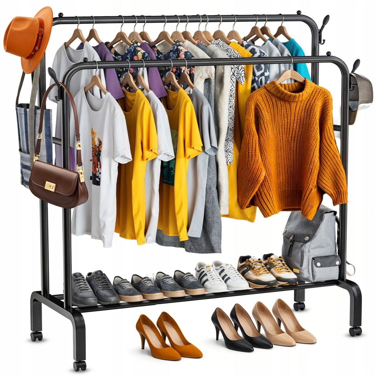 WIESZAK METALOWY PODŁOGOWY STOJĄCY NA KÓŁKACH UBRANIA BUTY PODWÓJNY ...