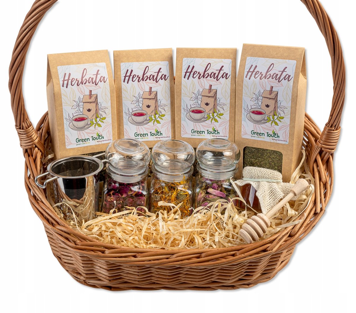 Wiklinowy kosz prezentowy;delikatesowy zestaw herbat i ziół - Green ...