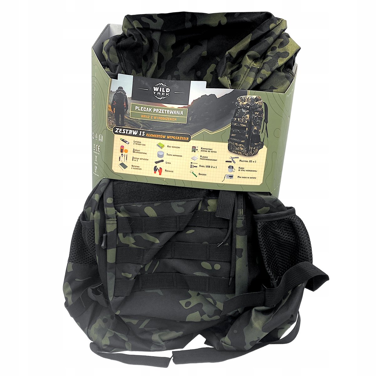 Wild Trek Plecak survivalowy przetrwania 6000 Oxford 60L kamuflaż ...