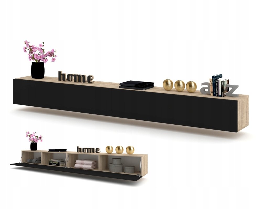 Wisząca Szafka RTV Komoda Półka SIMPLY DUO Dąb Sonoma Czarny Mat 240 ...