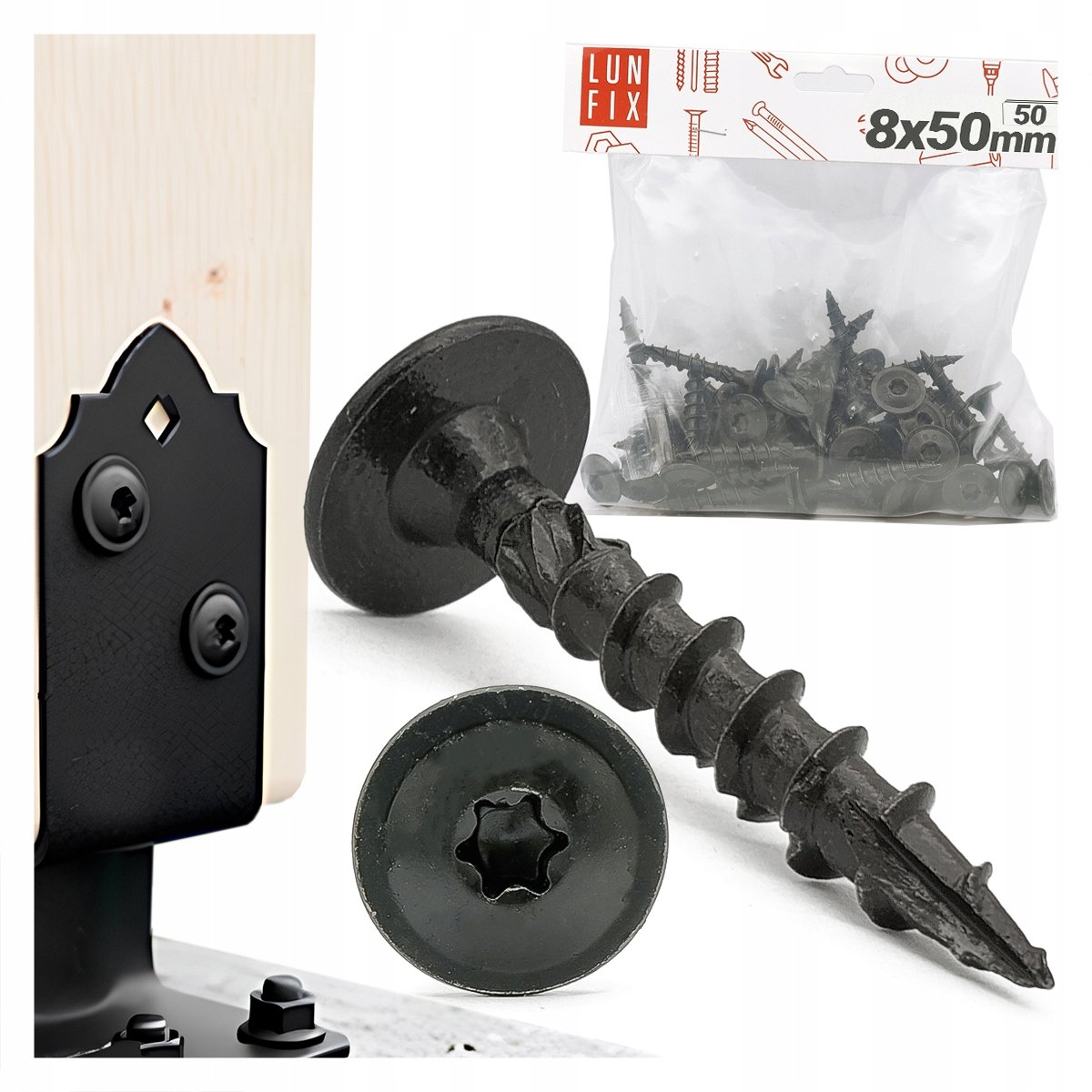 Wkręty ciesielskie czarny ocynk do podstaw słupa 8x50 podkładkowe TORX ...