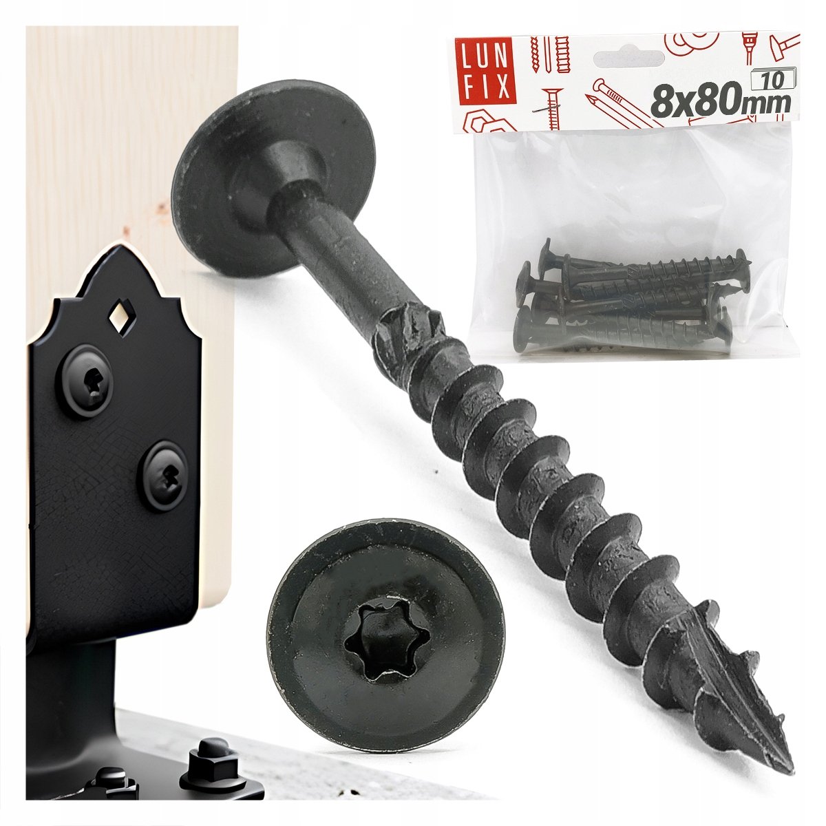 Wkręty ciesielskie czarny ocynk do podstaw słupa 8x80 podkładkowe TORX ...