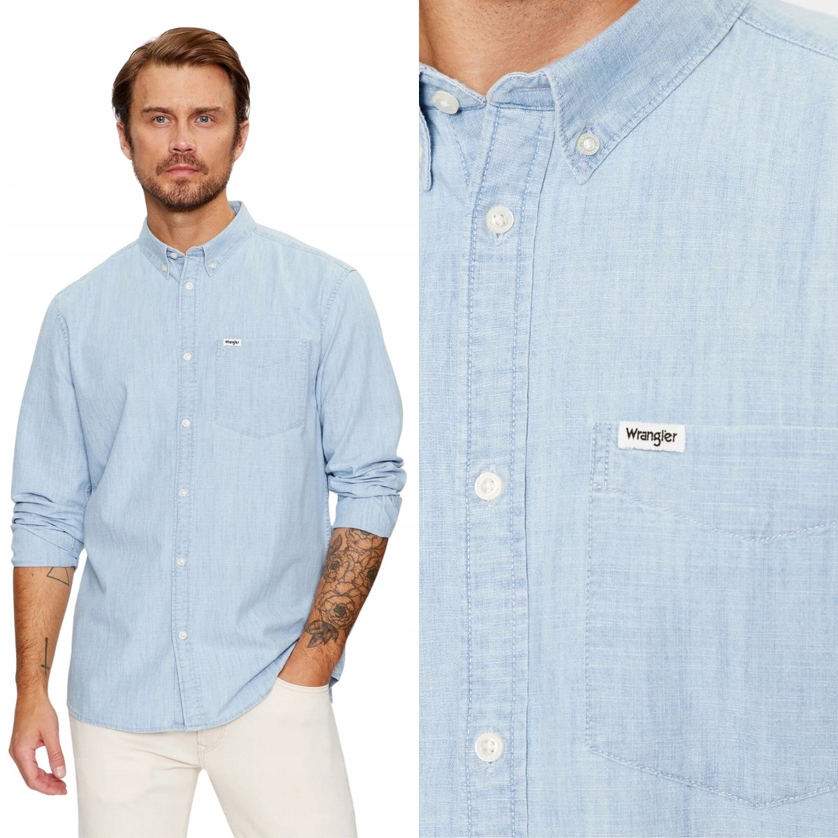 Wrangler 1 POCKET BUTTON DOWN Light Indigo BŁĘKITNA BAWEŁNIANA KOSZULA ...