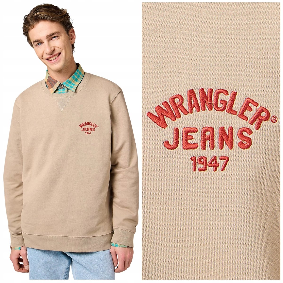 Wrangler SMALL LOGO CREW Timberwolf bawełniana bluza małe logo REGULAR ...