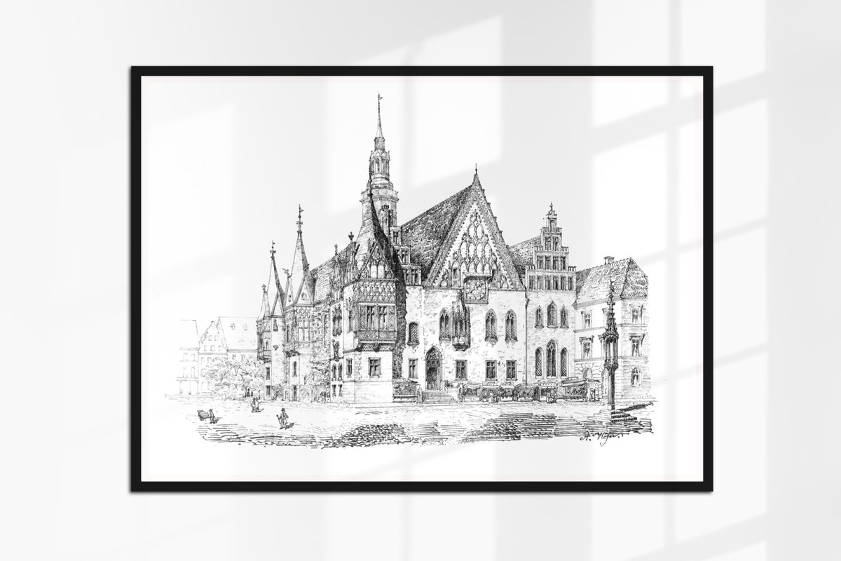 WROCŁAW Ratusz Rynek Pręgierz REPRODUKCJA stara grafika na ścianę 40x30 ...