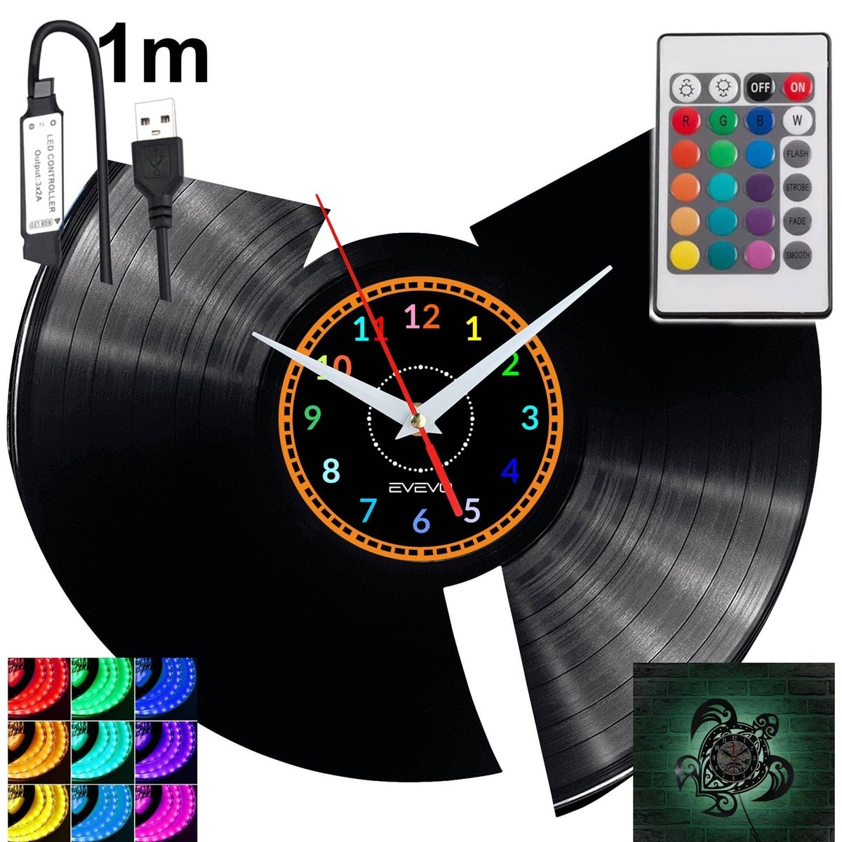 WuTang Zegar Ścienny Podświetlany LED RGB Na Pilota Płyta Winylowa ...