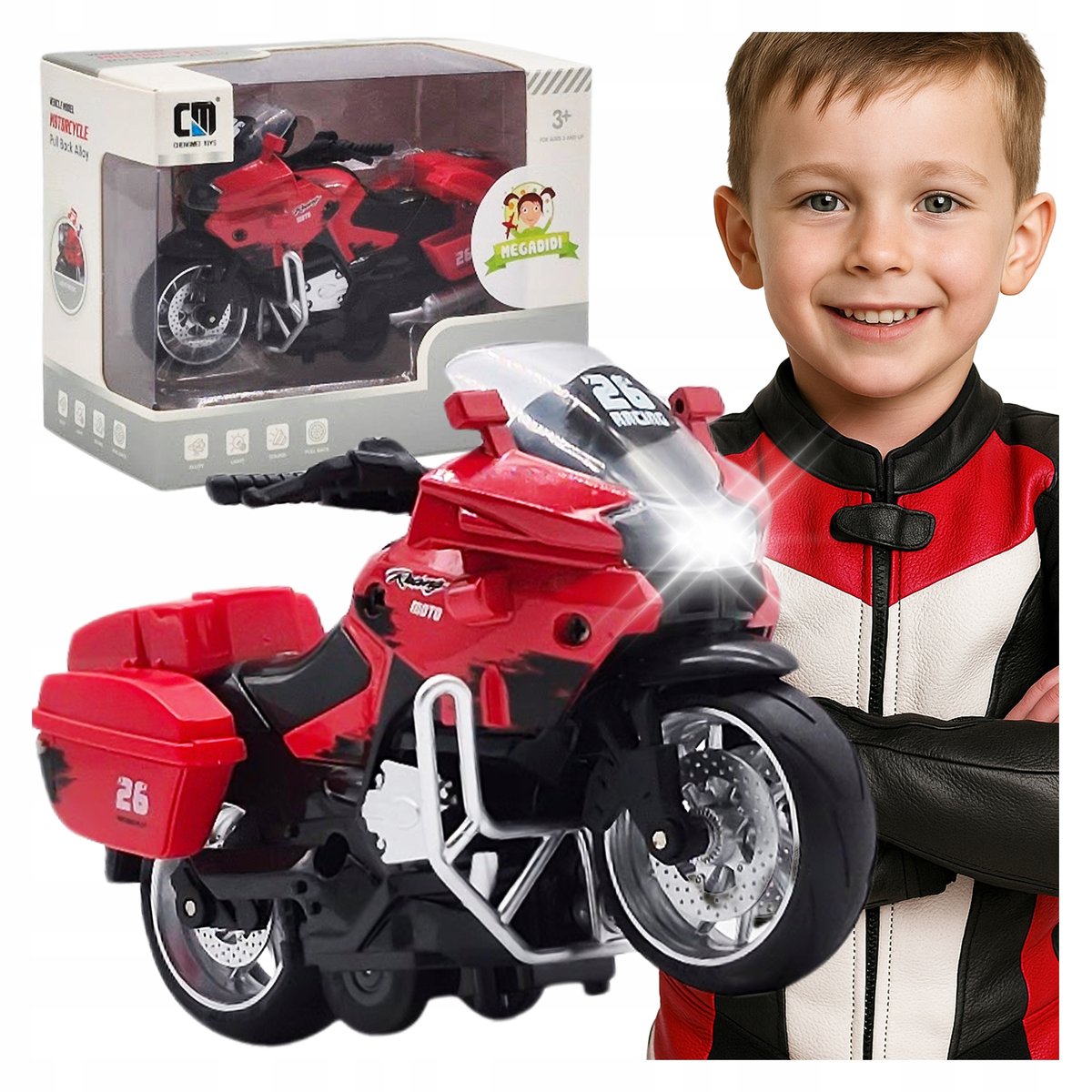 Zabawka MOTOCYKL światła dźwięki METALOWY czerwony MOTOR napęd KUFRY ...