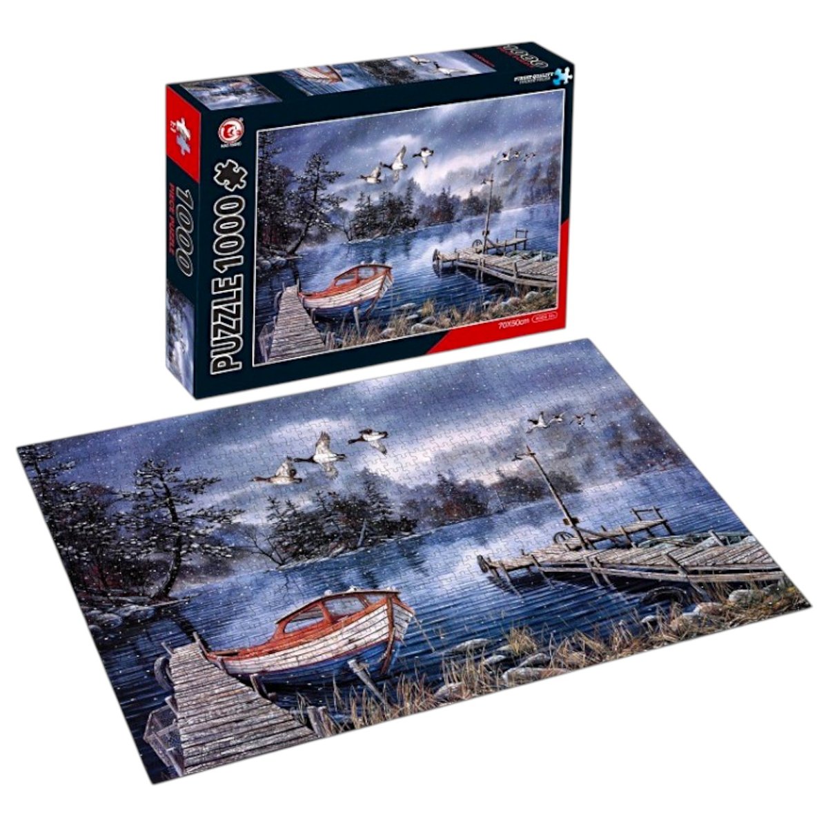 ZABAWKA PUZZLE 1000 ELEMENTÓW ZIMOWE JEZIORO Z ŁÓDKĄ MALOWNICZY PEJZAŻ ...