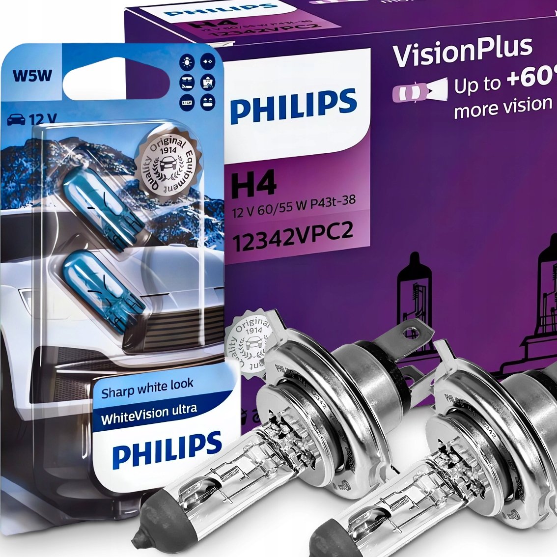 Żarówki H4 Philips Vision Plus 60 12V 60/55W + W5W White Vision Ultra ...
