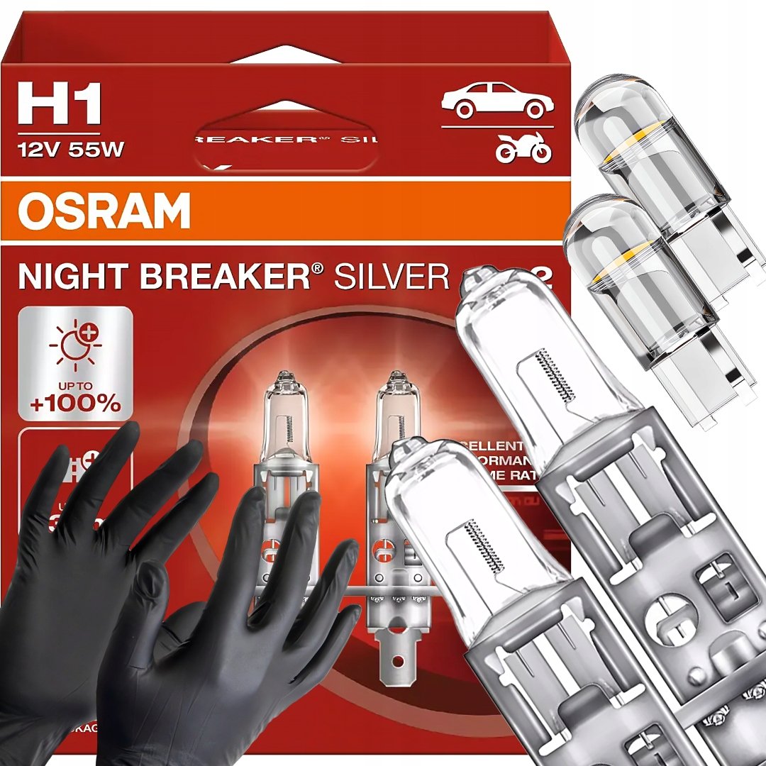Żarówki Osram H1 Night Breaker Silver +100% W5W Led Clear Rękawiczki ...