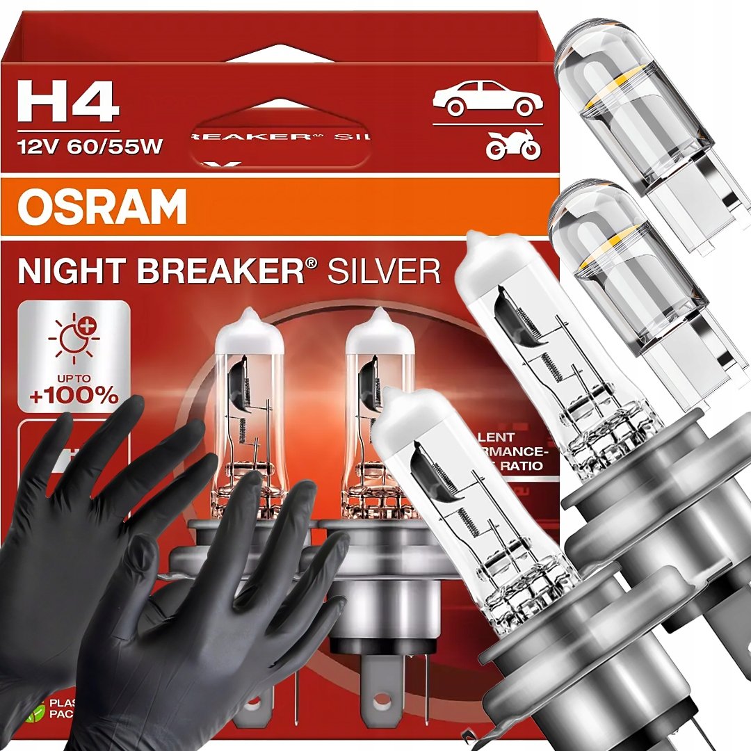 Żarówki Osram H4 Night Breaker Silver +100% W5W Led Clear Rękawiczki ...