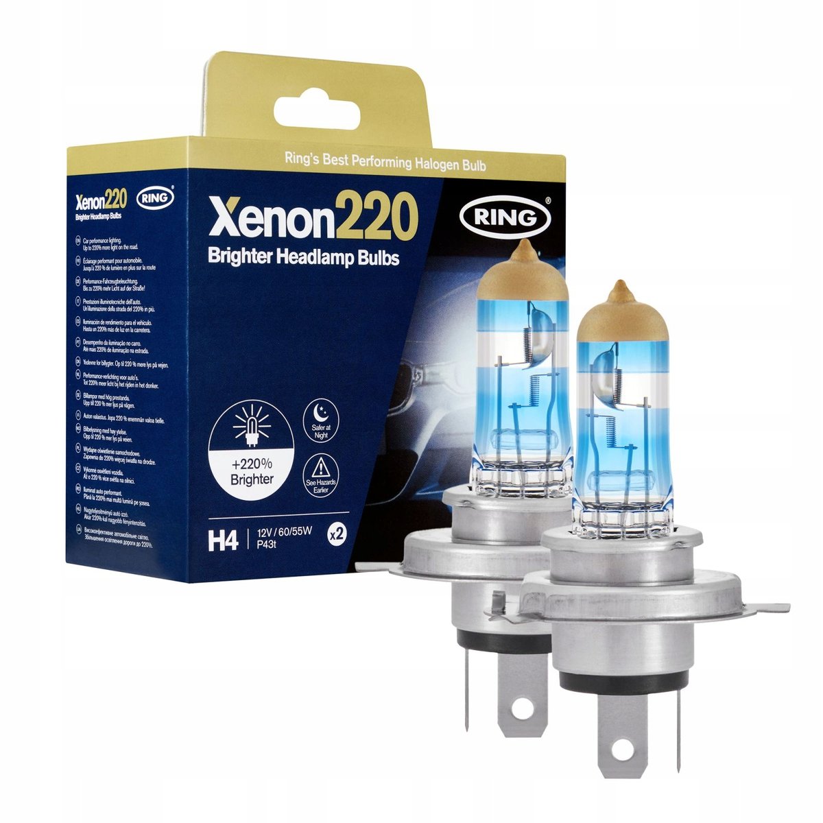ŻARÓWKI RING H4 60/55W +220% XENON220 PERFORMANCE GOLD CAP E ...