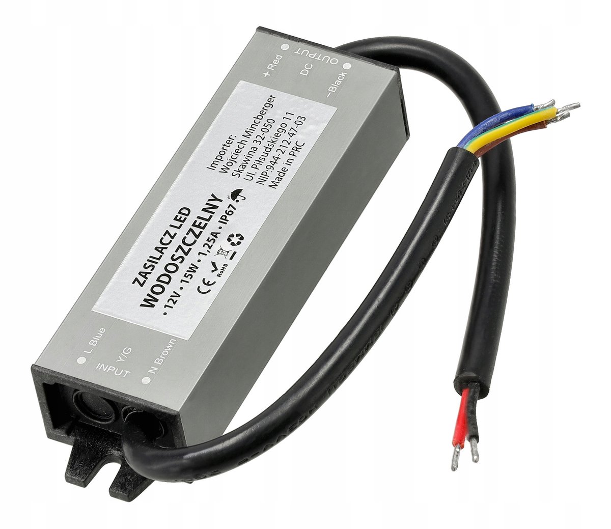 Zasilacz LED 12V Wodoszczelny Hermetyczny 15W 1,25A IP67 Do Taśmy LED ...
