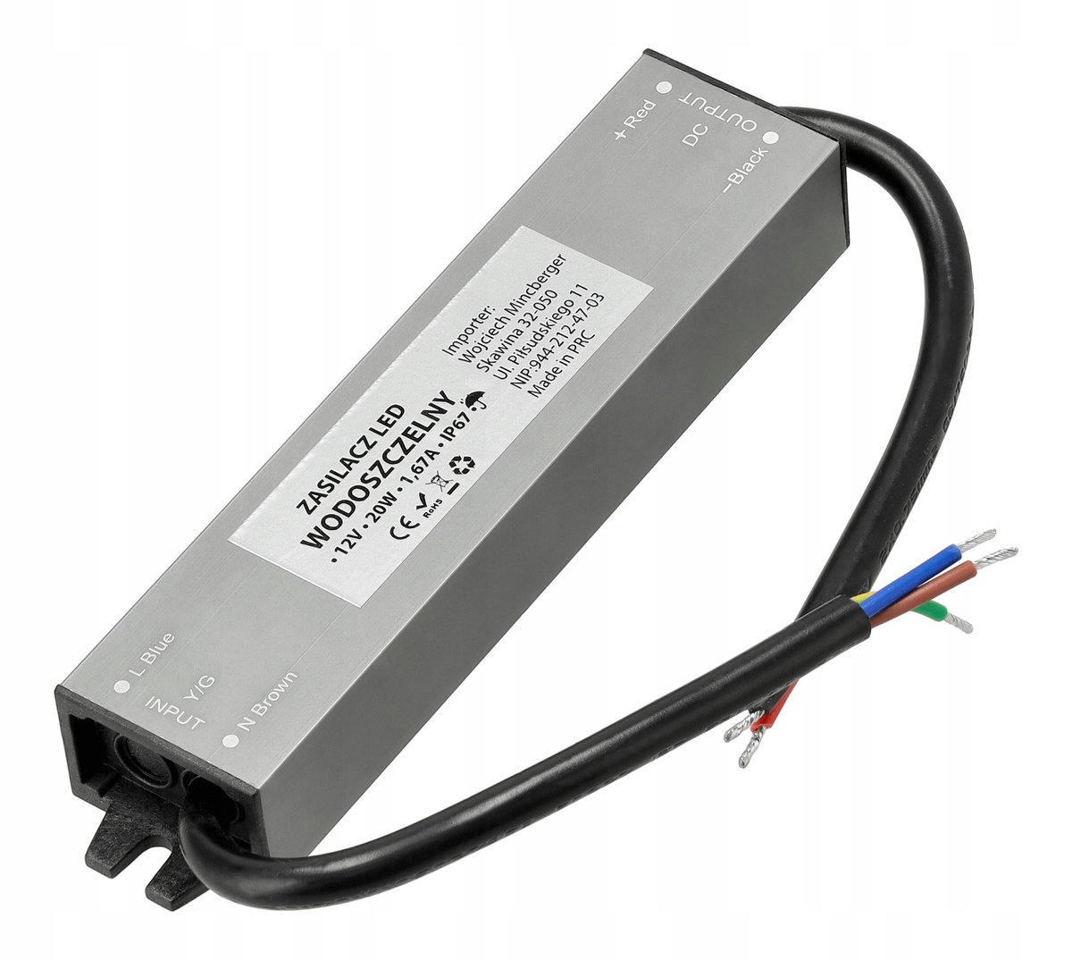 Zasilacz LED 12V Wodoszczelny Hermetyczny 20W 1,67A IP67 Do Taśmy LED ...