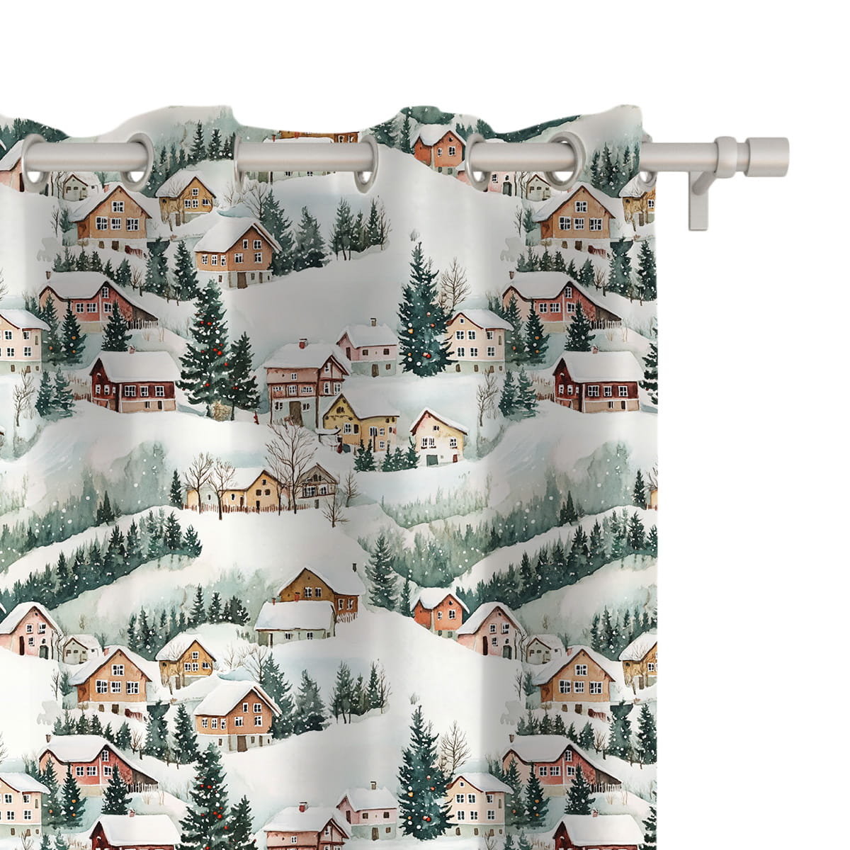 Zasłona WINTER wzór BN78 | Zimowe domki 150 x 280 cm tkanina standard ...