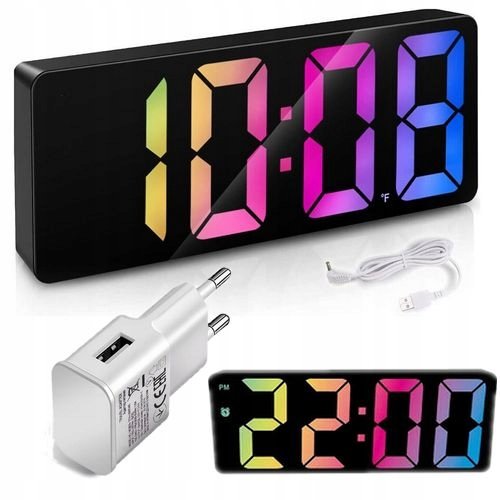 ZEGAR ELEKTRONICZNY LED KOLOROWY ALARM RGB STOJĄCY CICHY BUDZIK CYFROWY ...