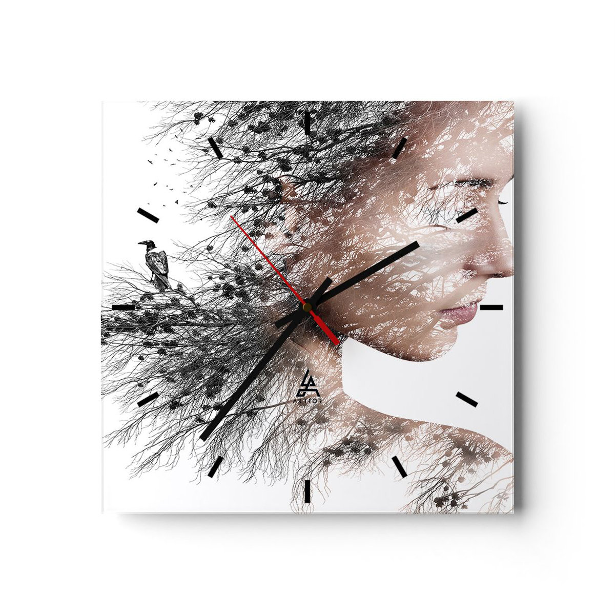 Zegar ścienny - Duch lasu - 30x30cm - Abstrakcja Twarz Kobiety Drzewo - Kwadratowy zegar na ...