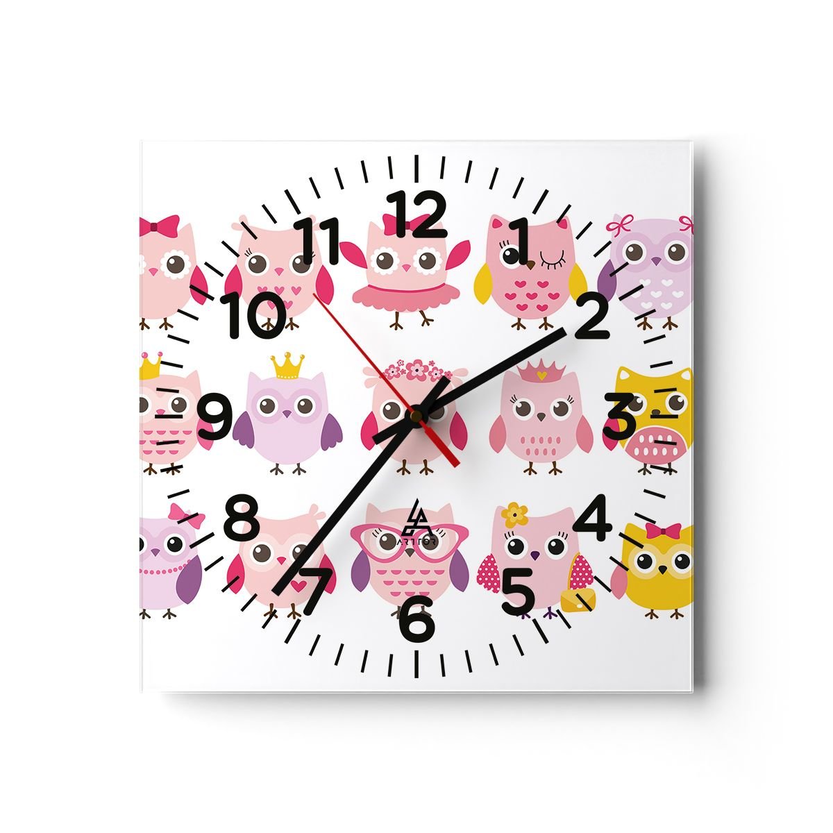 Zegar ścienny - Jedna słodsza od drugiej - 30x30cm - Ptaki Sowa Dla Dzieci - Kwadratowy zegar ...