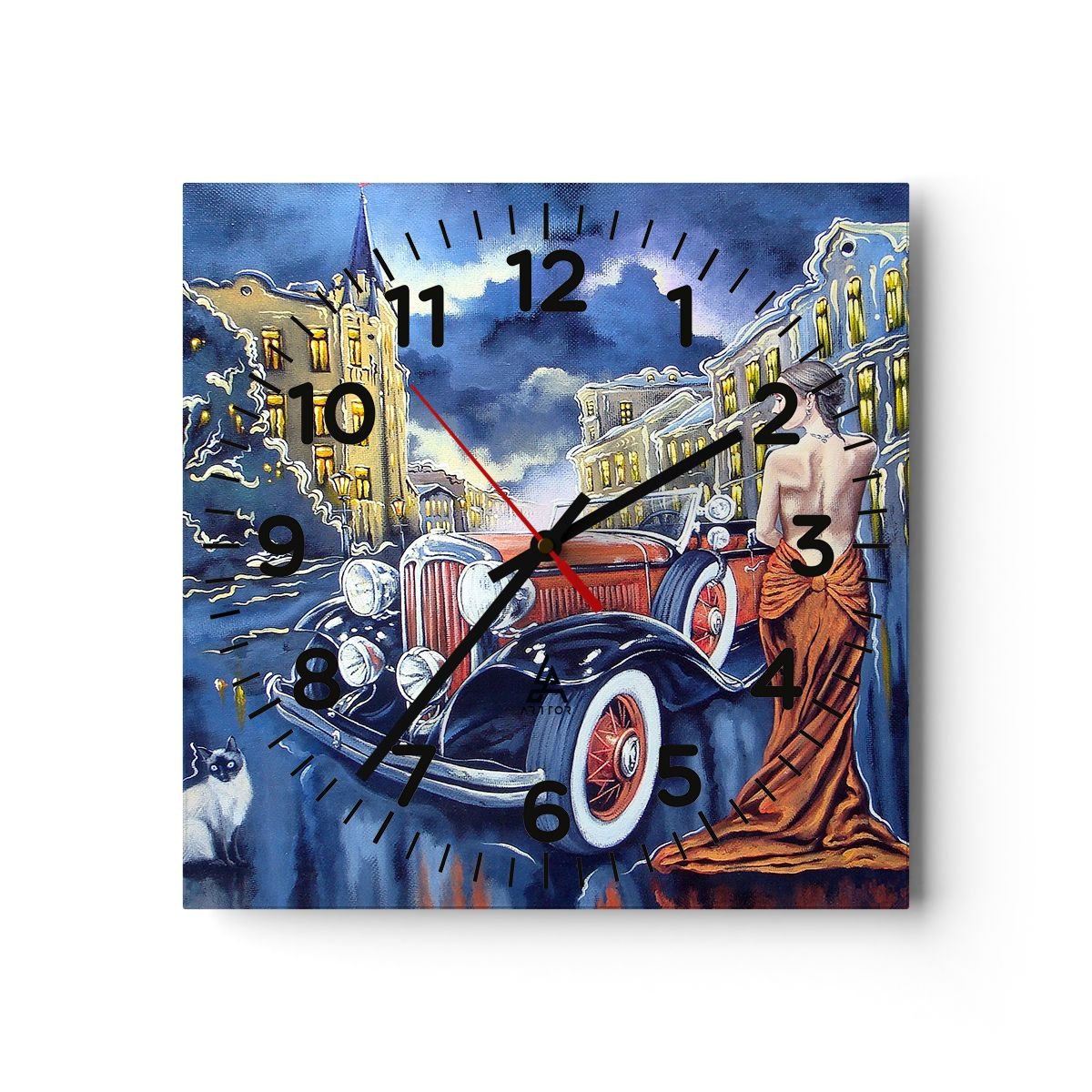 Zegar ścienny - Nokturn w błękicie i koralu - 30x30cm - Samochód Retro ...