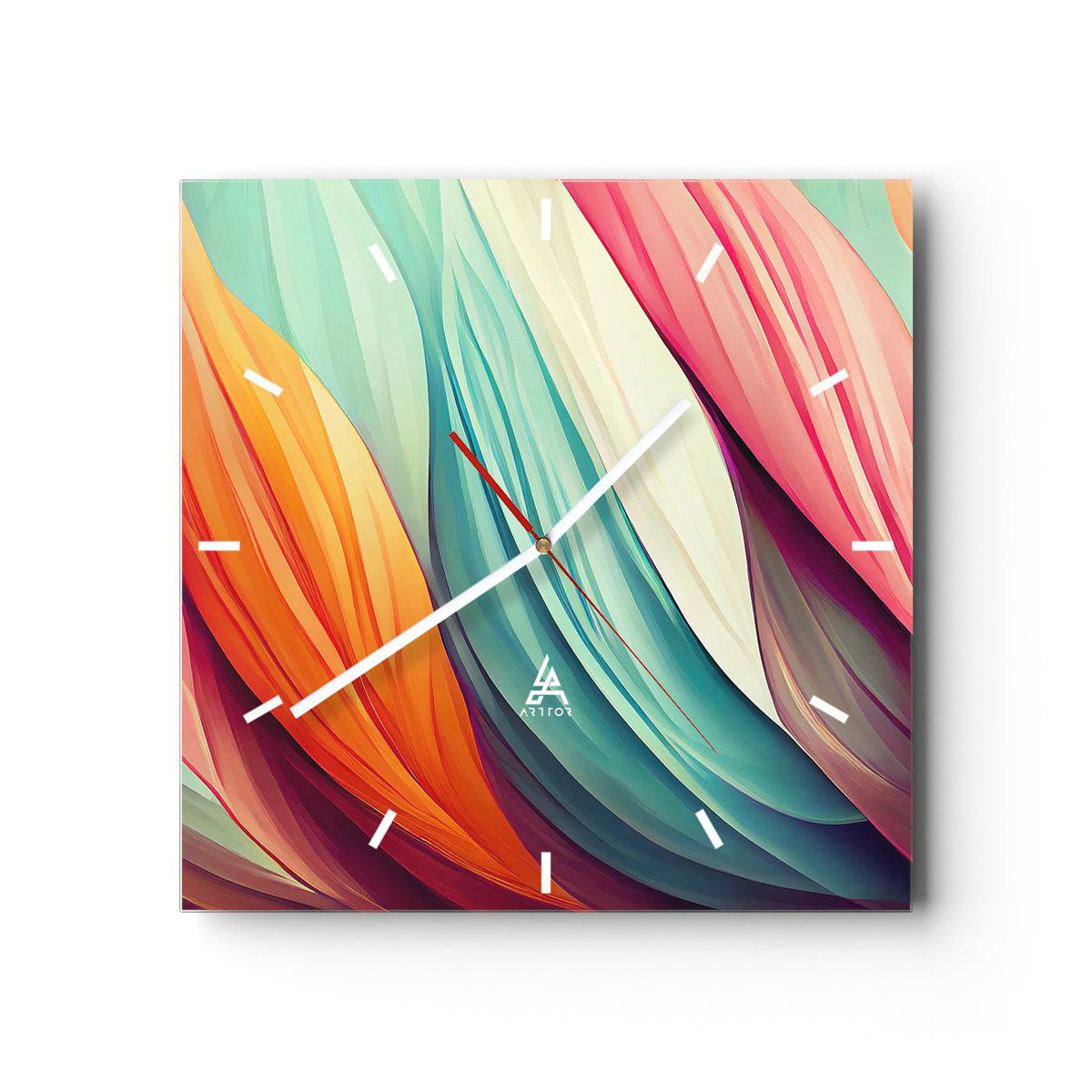 Zegar ścienny - Tęczowy splot - 30x30cm - Pastelowe Linie Abstrakcja - Kwadratowy zegar na szkle ...