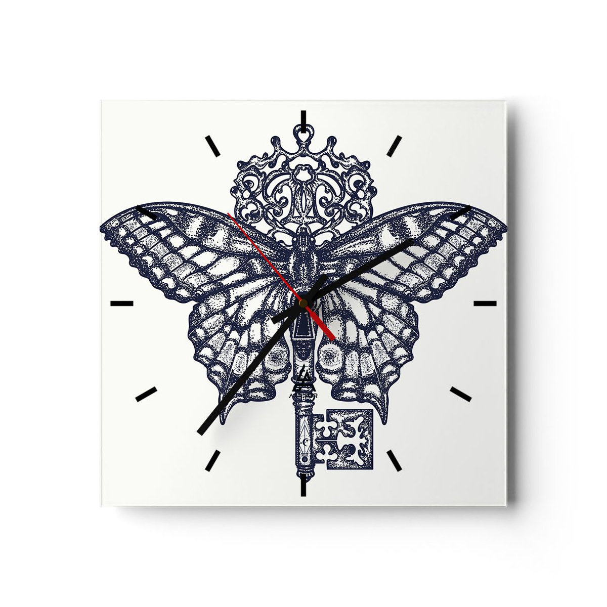 Zegar ścienny - Wszystkie tajemnice serca - 30x30cm - Abstrakcja Motyl Klucz - Kwadratowy zegar ...