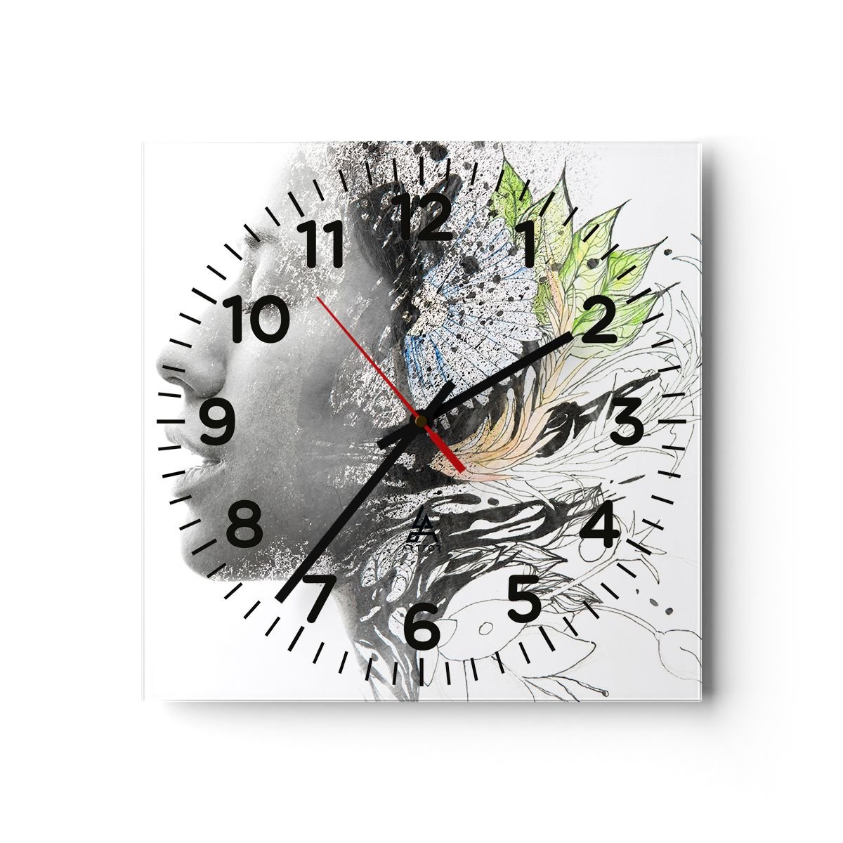 Zegar ścienny - Zanurzona w naturze - 30x30cm - Abstrakcja Twarz Kobiety Kwiaty - Kwadratowy ...