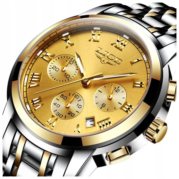 Zegarek męski LIGE 9810 bransoleta czarny srebrny chronograf datownik ...