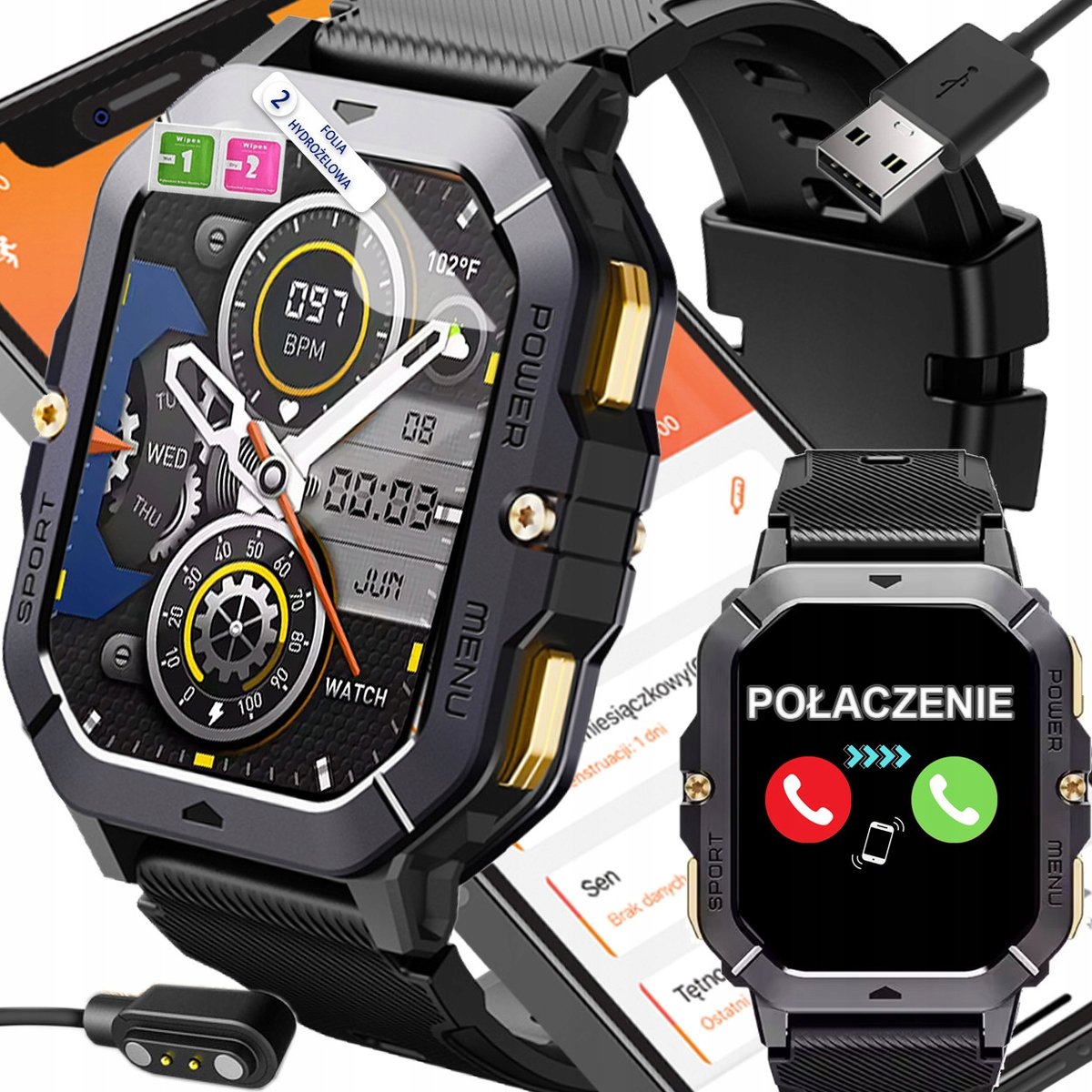 ZEGAREK MĘSKI SMARTWATCH POŁĄCZENIA PL PULS WATCH BATERIA 410Mah ...