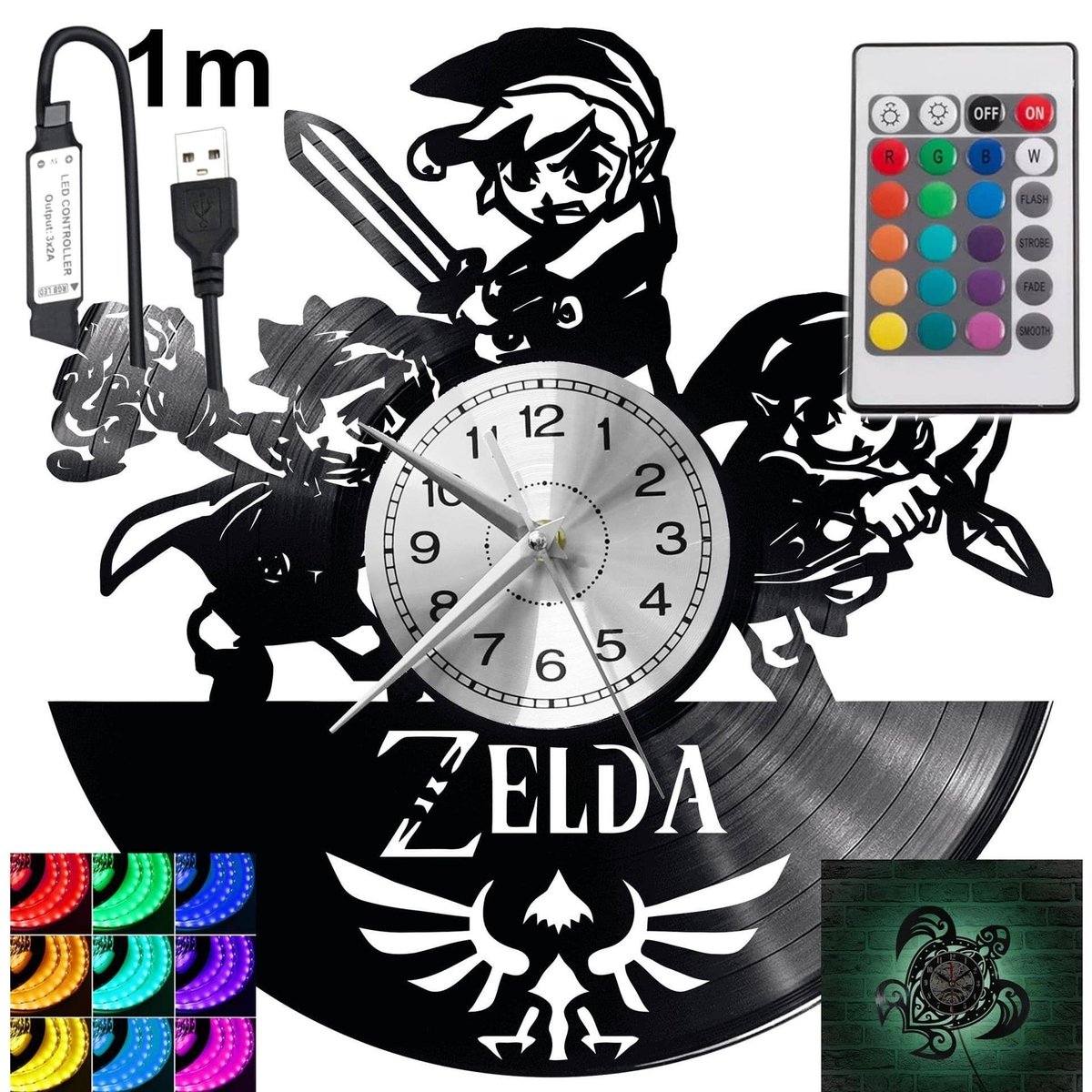 Zelda Zegar Ścienny Podświetlany LED RGB Na Pilota Płyta Winylowa ...