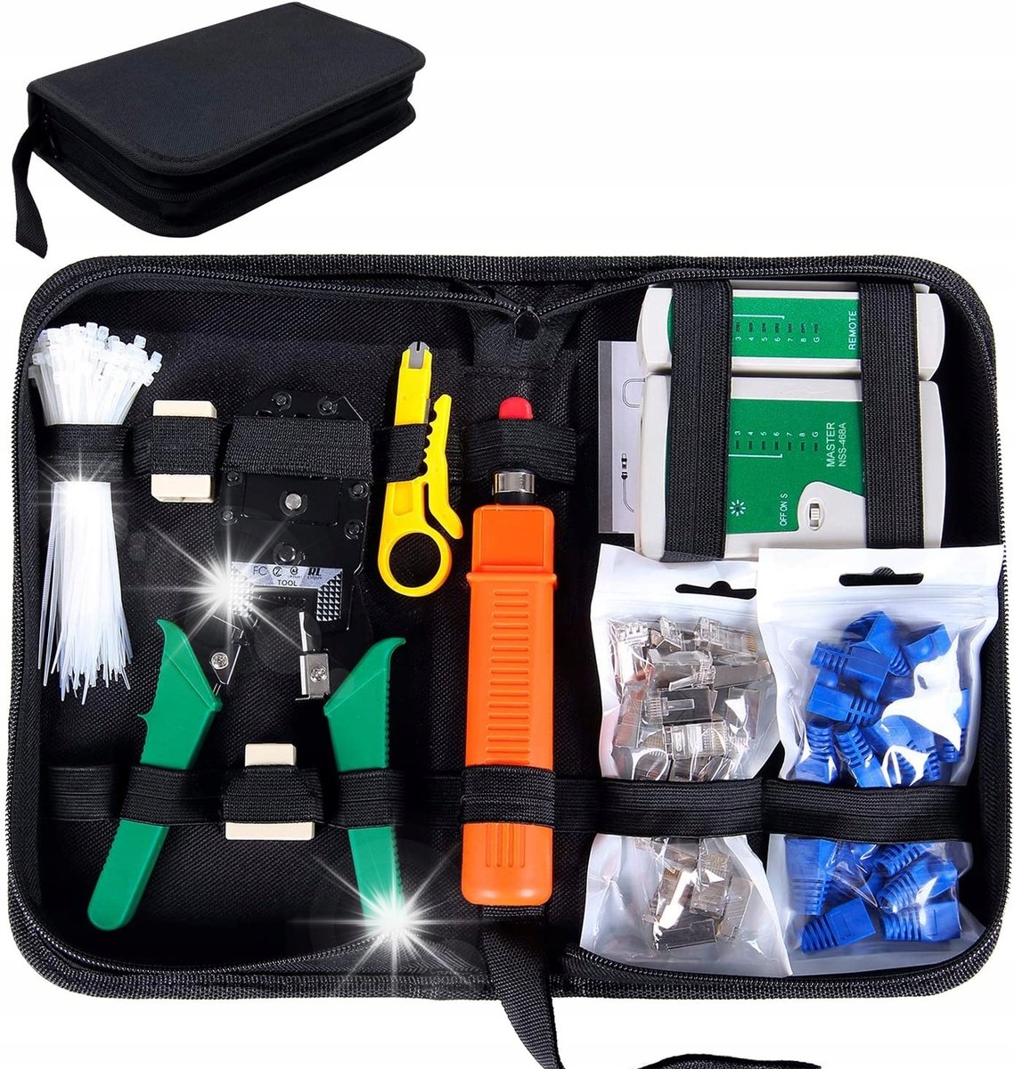 ZESTAW 146 NARZĘDZI SIECIOWYCH LAN TESTER RJ45 ZACISKARKA NÓŻ KRONE ...